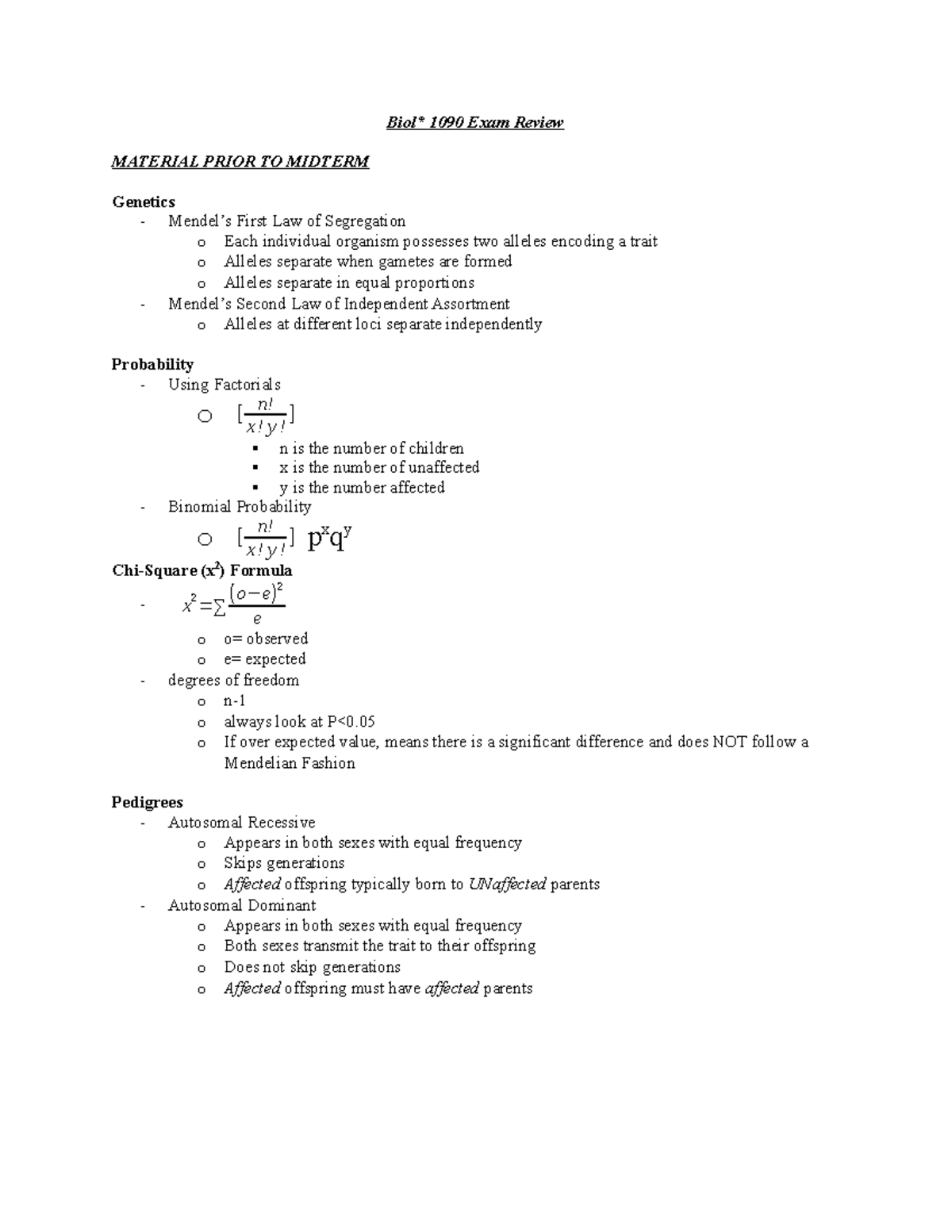 Final Exam Review - _Biol 1090 Exam Review_* MATERIAL PRIOR TO MIDTERM Genetics - Mendel’s First ...