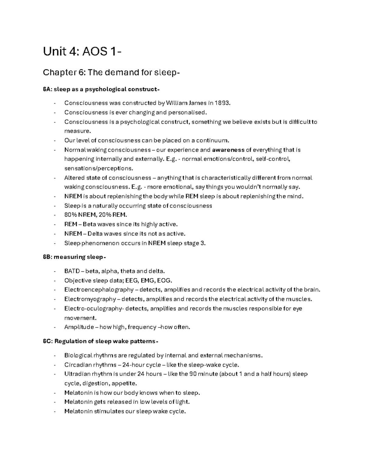Psych edrolo notes U4 AOS 1 - Sleep - Unit 4: AOS 1- Chapter 6: The ...