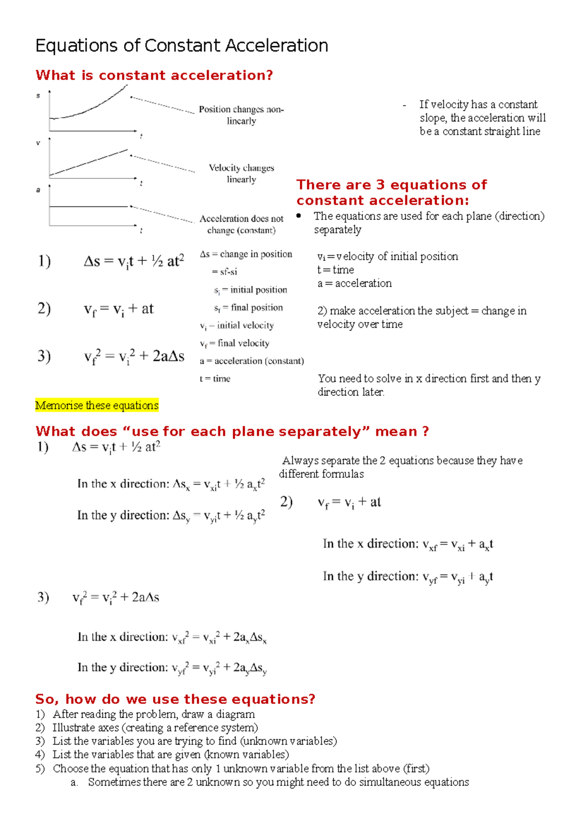 Equations of Constant Acceleration - Memorise these equations What does ...