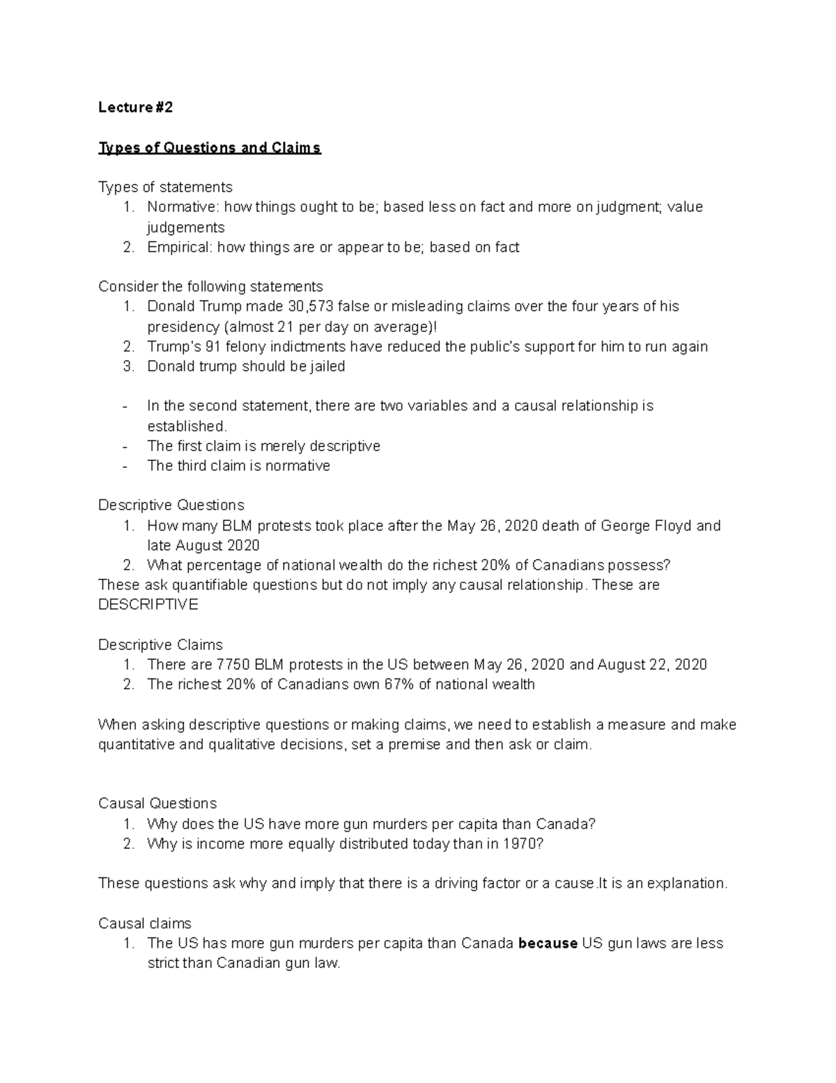 POLI 110 lecture 2 - Lecture # 2 Types of Questions and Claims Types of statements 1. Normative ...