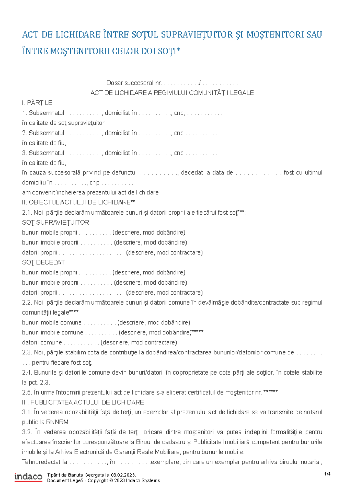 Act de lichidare intre sotul supravietuitor si mostenitori sau intre ...