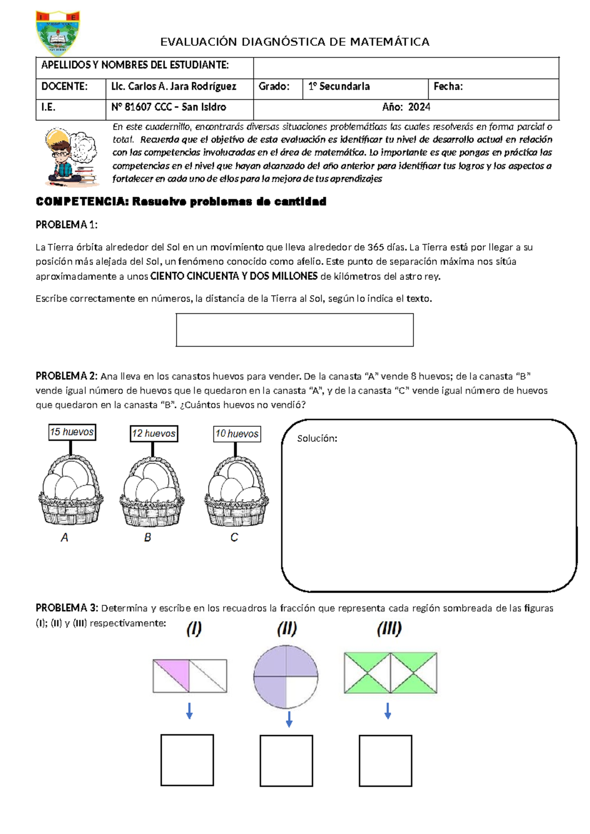 Evaluación Diagnóstica DE Matemática 1 1RO - EVALUACIÓN DIAGNÓSTICA DE ...