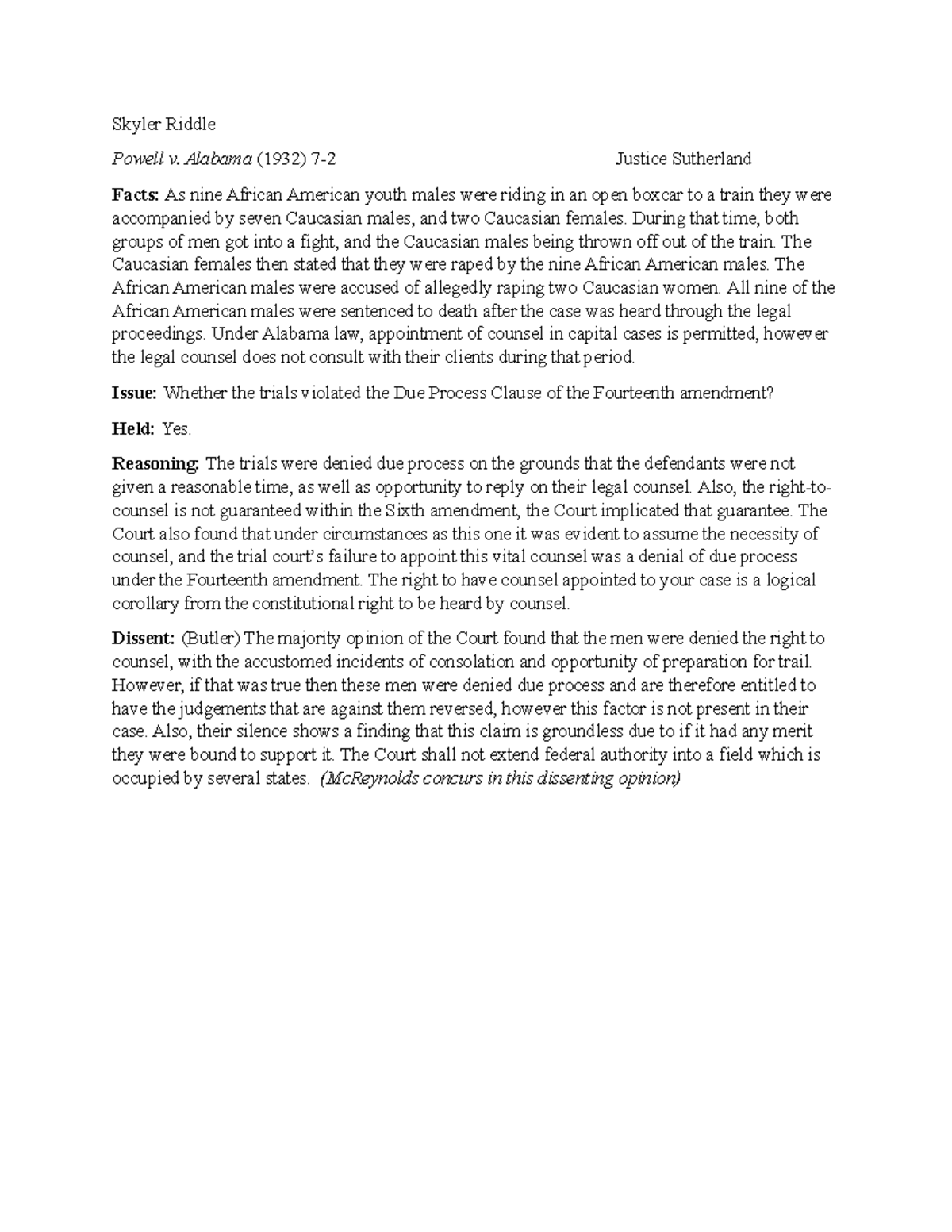 Powell v. Alabama - Skyler Riddle Powell v. Alabama (1932) Justice ...