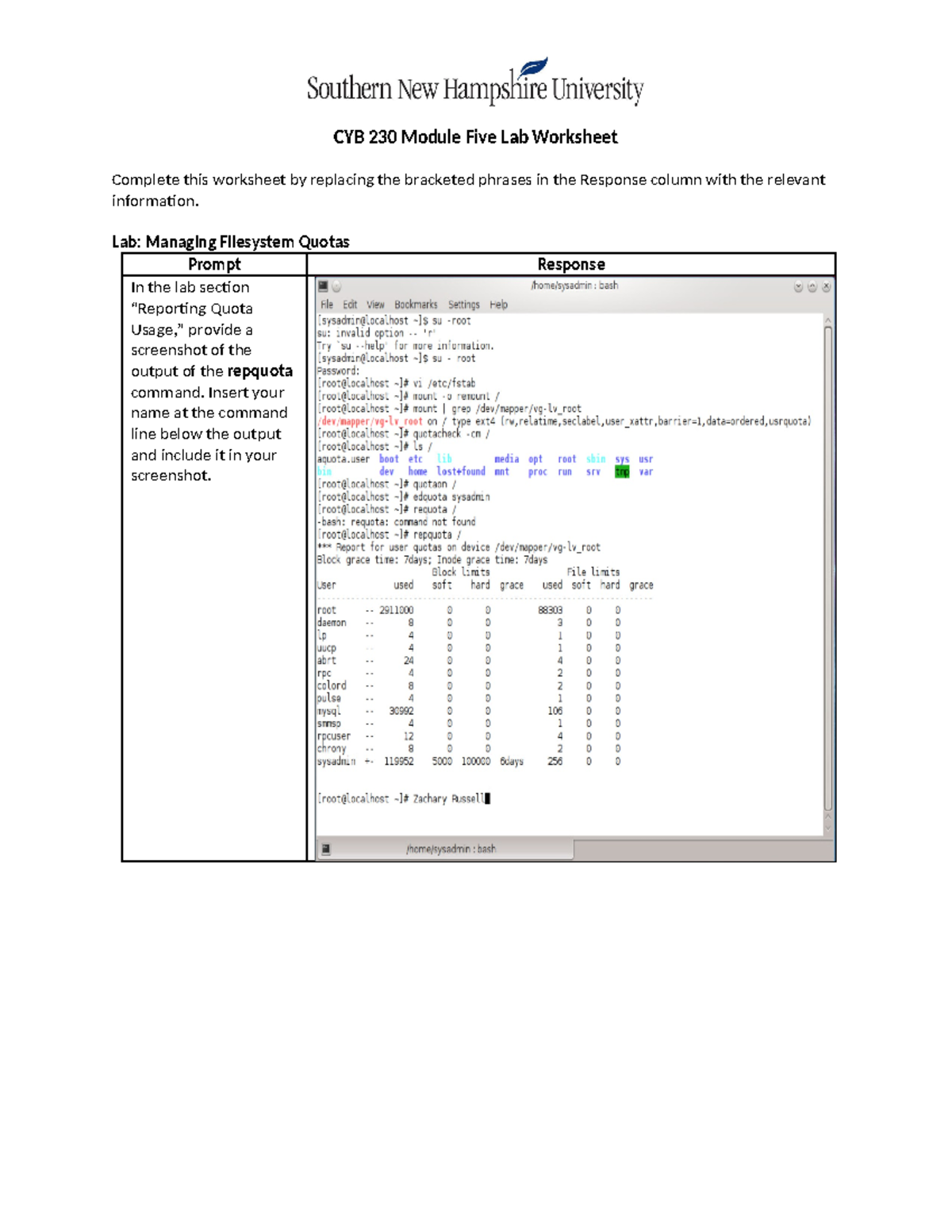 CYB 230 Module Five Lab Worksheet Zachary Russell - CYB 230 Module Five ...