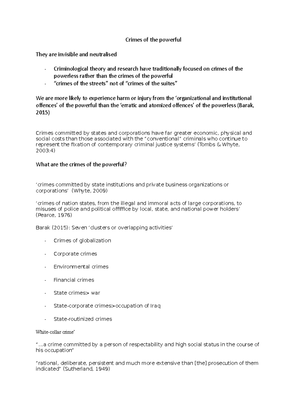 Crime of the powerful - lecture notes - Crimes of the powerful They are ...