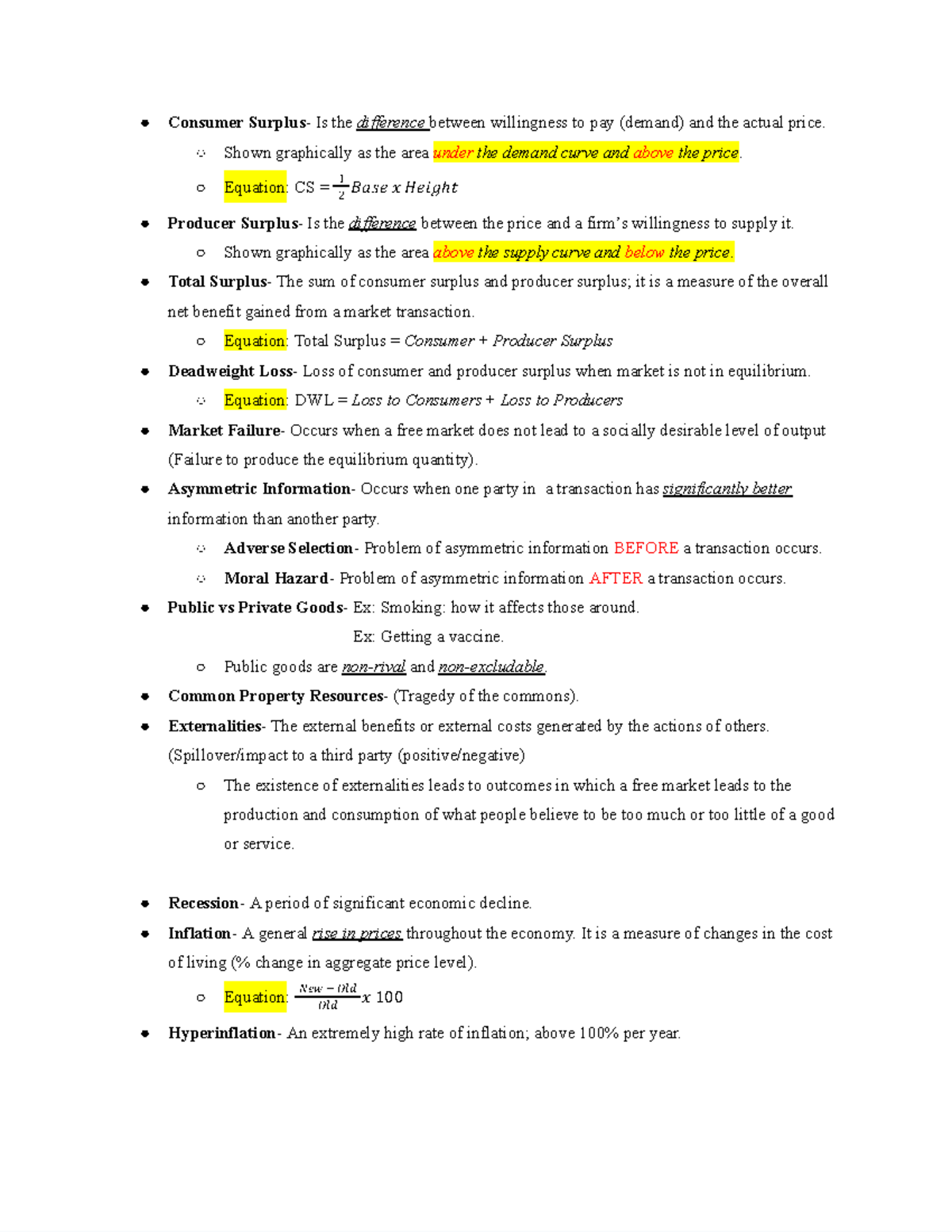 ECON Exam #2 Cheat Sheet - Google Docs - Consumer Surplus- Is the difference between willingness ...