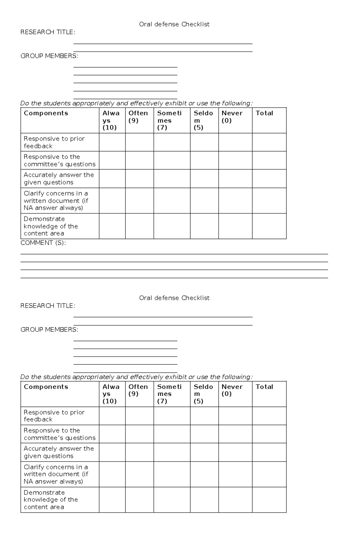 Oral Defense Checklist - Oral defense Checklist RESEARCH TITLE: GROUP ...