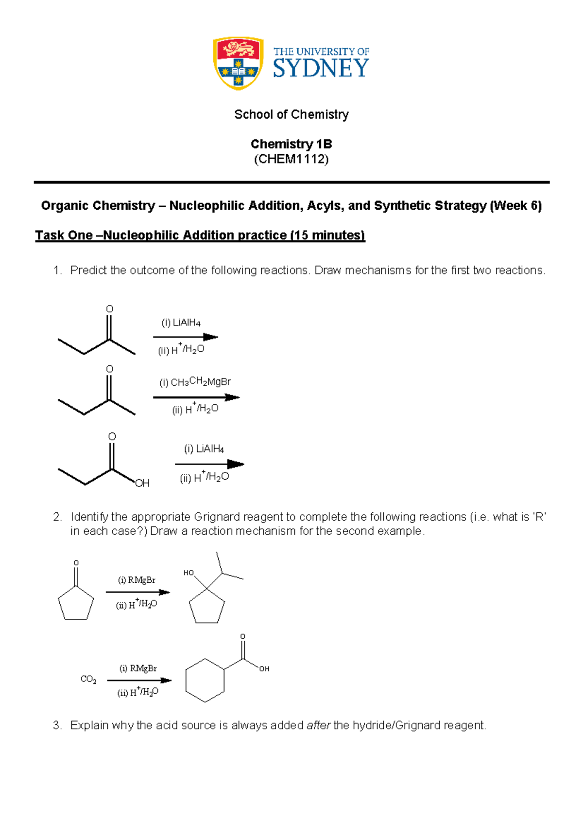 Workshop worksheet Week 6 - School of Chemistry Chemistry 1B (CHEM1112 ...