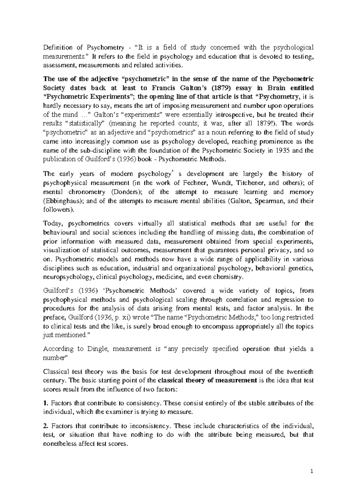 Notes Psychometrics Sem 1 - Definition of Psychometry - “It is a field ...