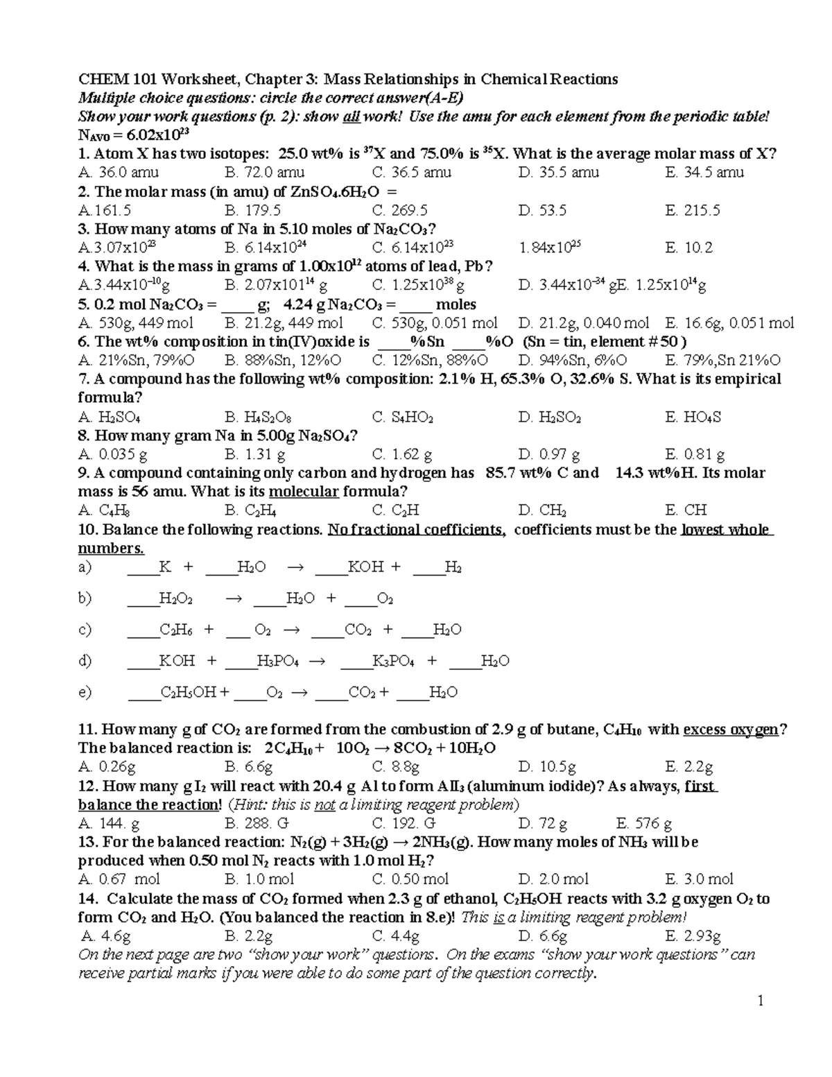 Homework Chapter 3 CHEM 101 Worksheet Chapter 3 Mass Relationships