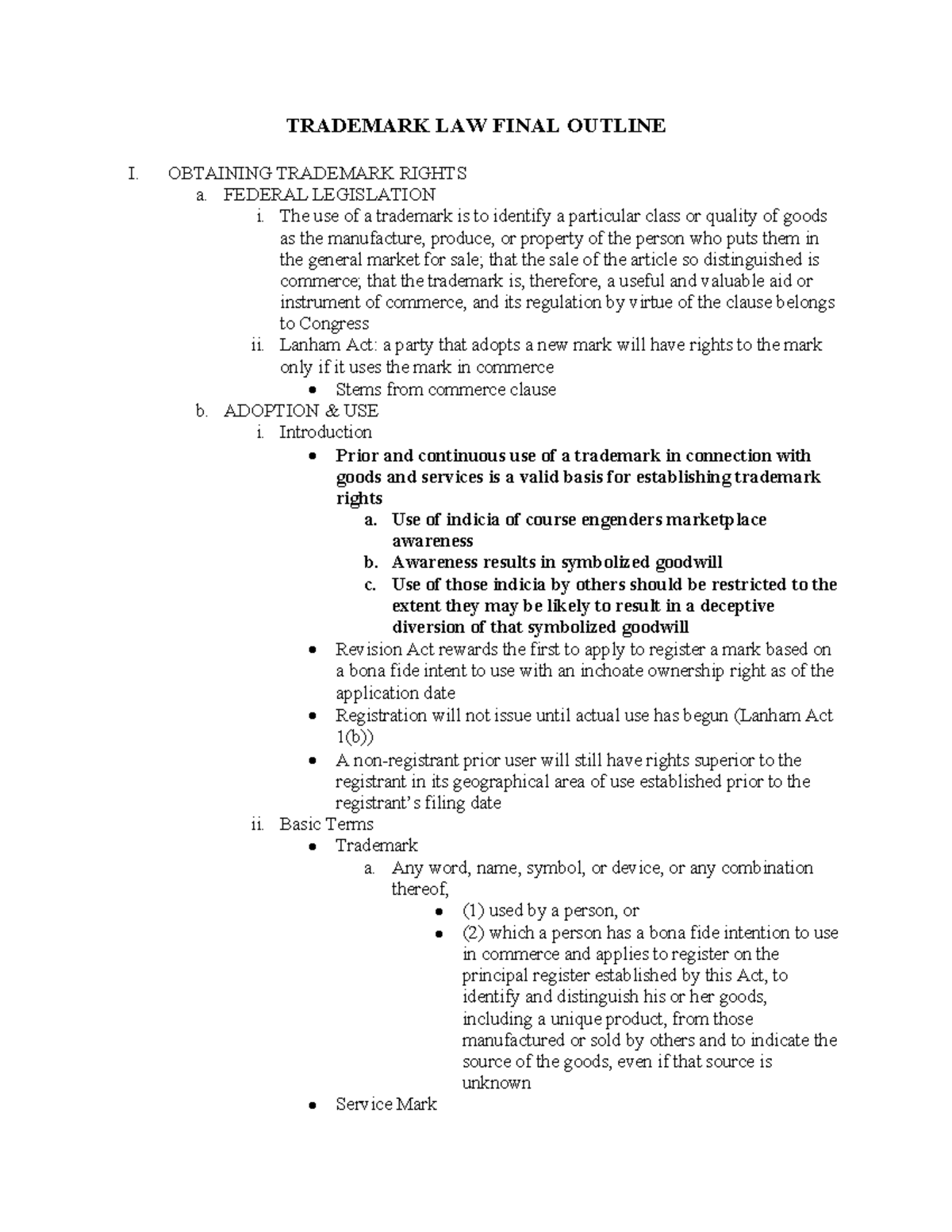 Trademark LAW Final Outline - TRADEMARK LAW FINAL OUTLINE I. OBTAINING ...