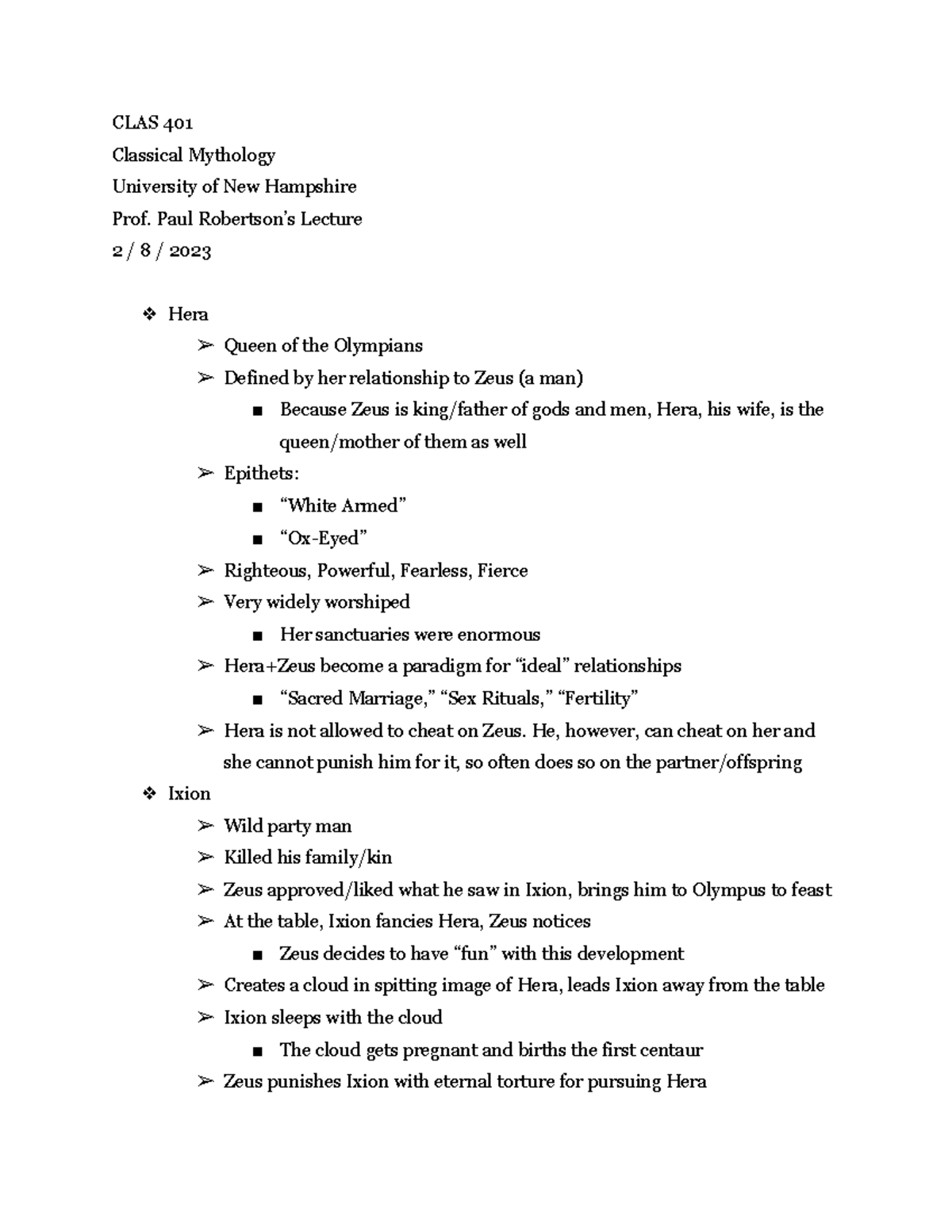 CLAS 401, 2/8/23 Lecture - CLAS 401 Classical Mythology University of ...