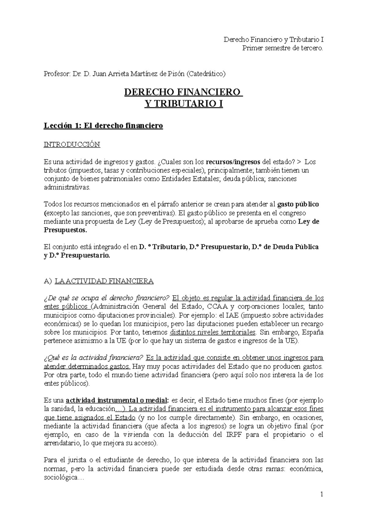 Apuntes Tributario Juan Arrieta Derecho Financiero Y Tributario I