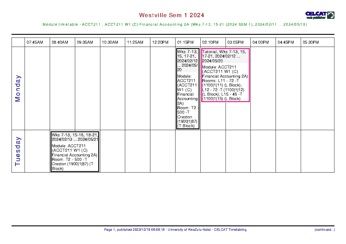 T1 - Timetable 1 - Westville Sem 1 2024 Module timetable - ACCT211 ...