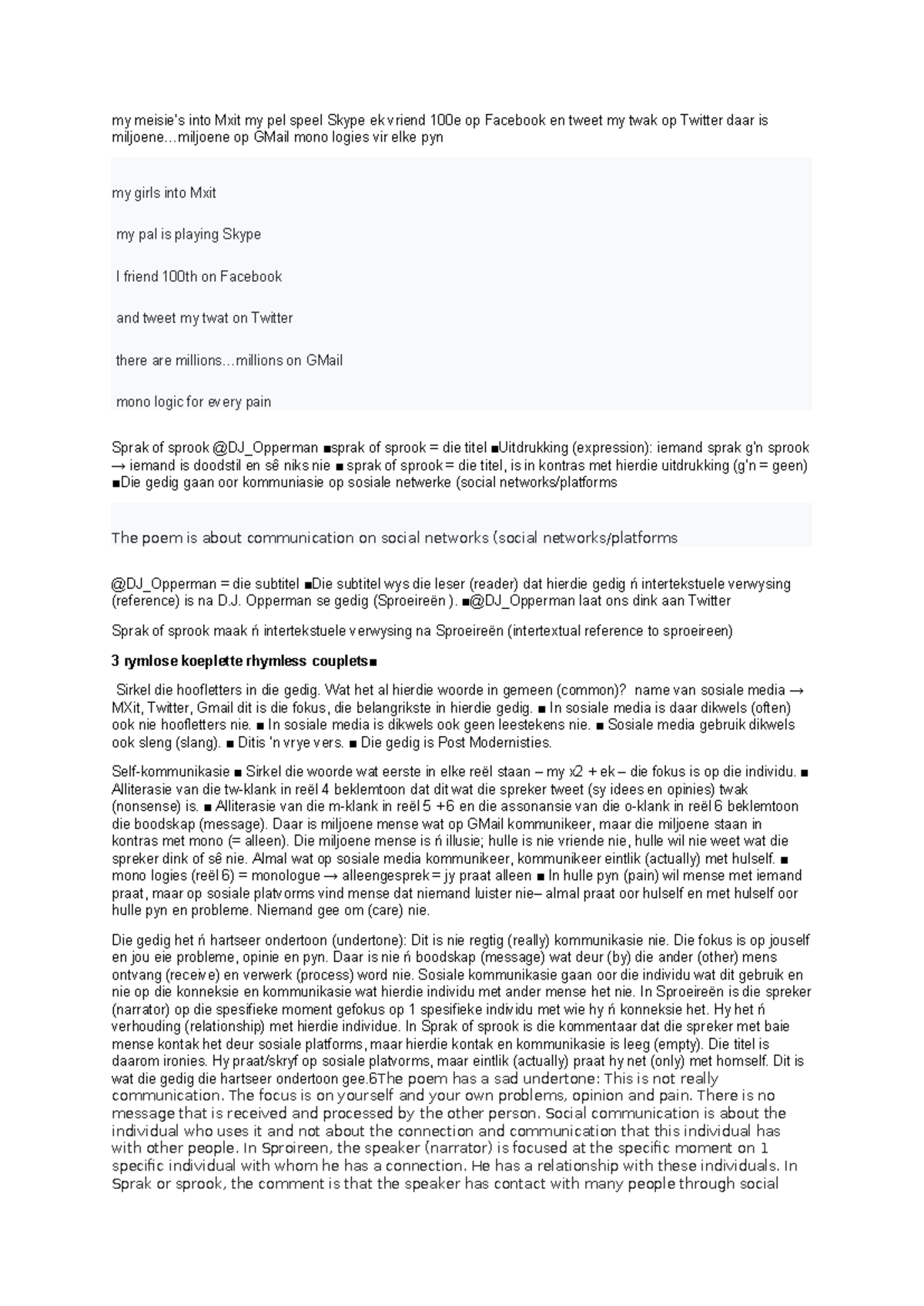 Grade 11 afrikaans poem sprak of sprook - my meisie’s into Mxit my pel ...