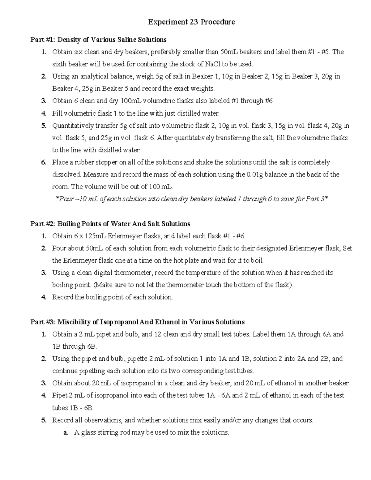 CHEM 1B Experiment 23 Procedure - Experiment 23 Procedure Part #1 ...