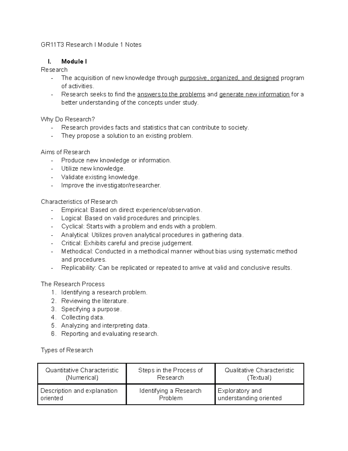 GR11T3 Research I Module 1 Notes - Module I Research The acquisition of ...