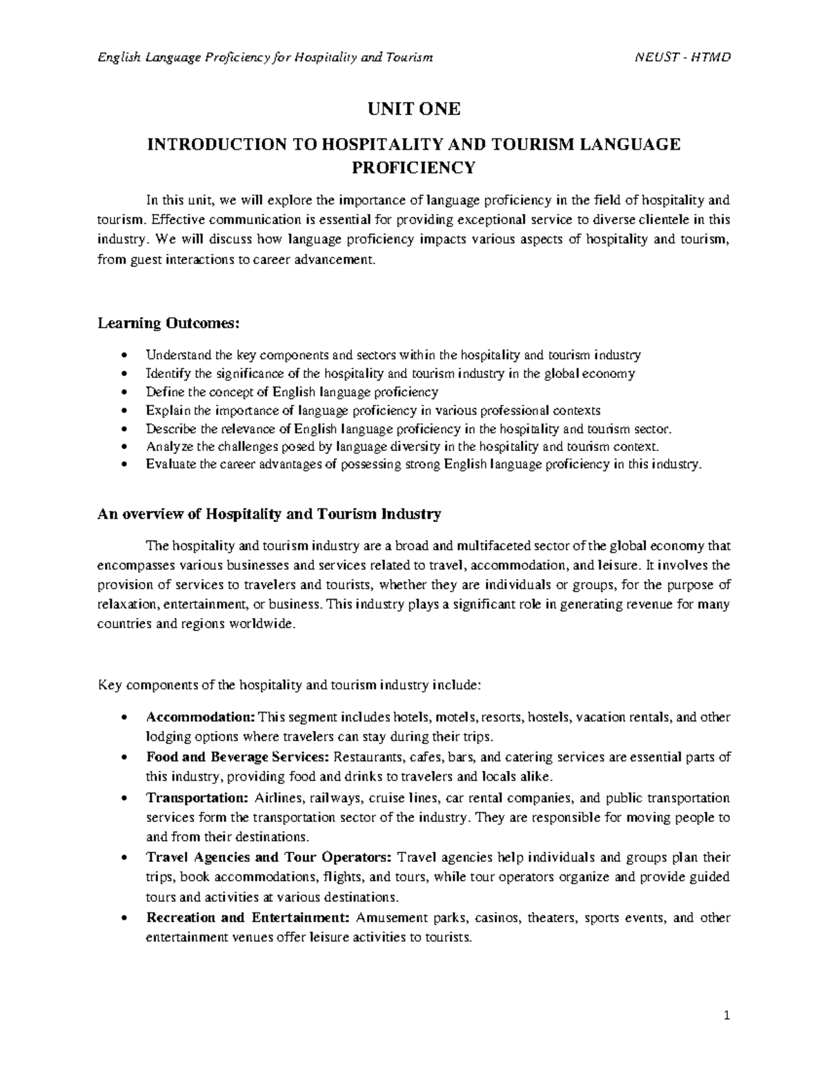 ELP-UNIT-1 - ... - UNIT ONE INTRODUCTION TO HOSPITALITY AND TOURISM ...