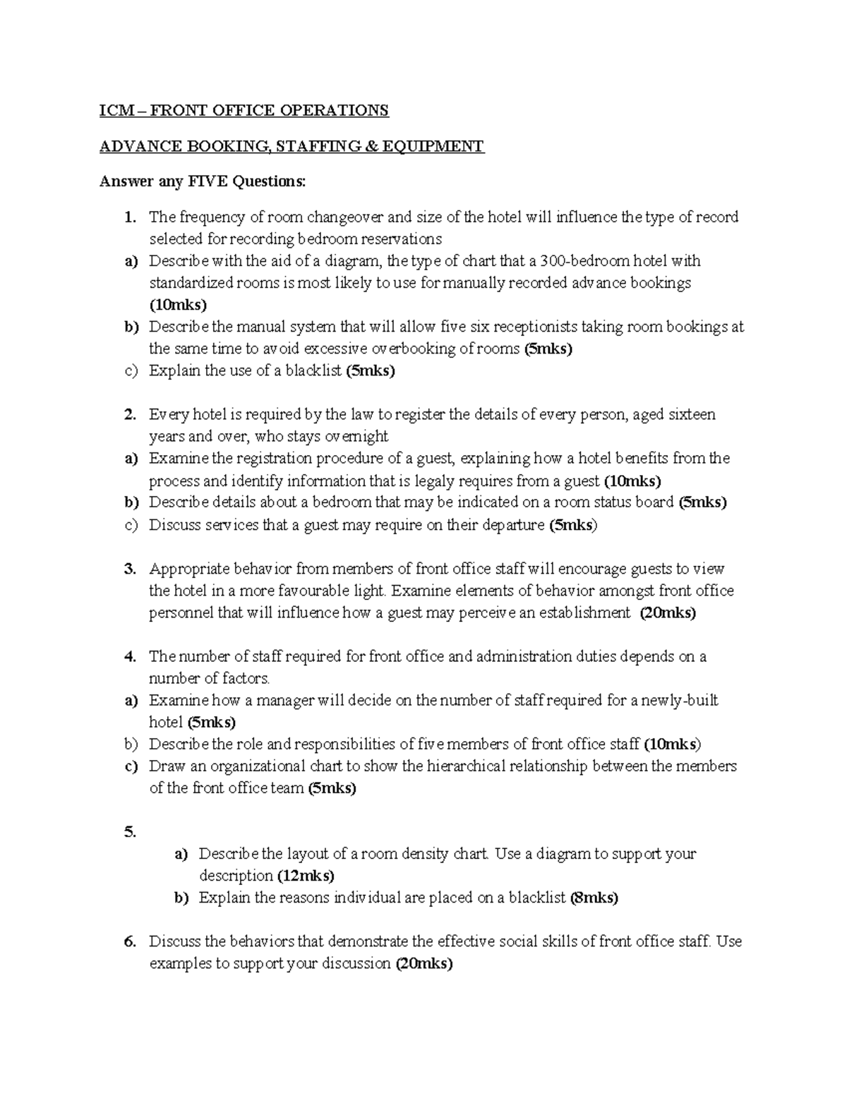 Advance, staffing & equipment fr - ICM – FRONT OFFICE OPERATIONS ...