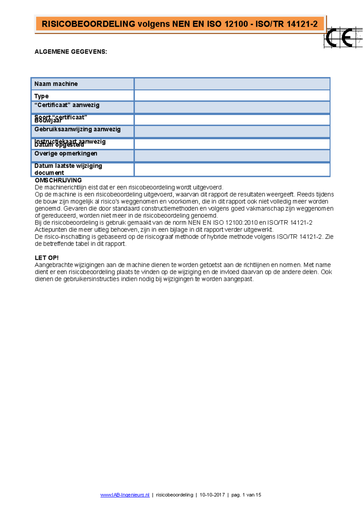 Risicobeoordeling EN ISO 12100 (format) - RISICOBEOORDELING volgens NEN ...