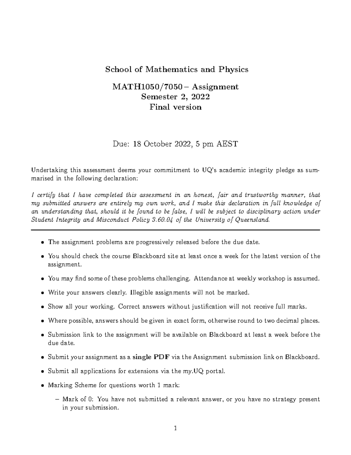 Math 1050 assignment 2022 sem 2 - School of Mathematics and Physics MATH1050/7050 – Assignment ...