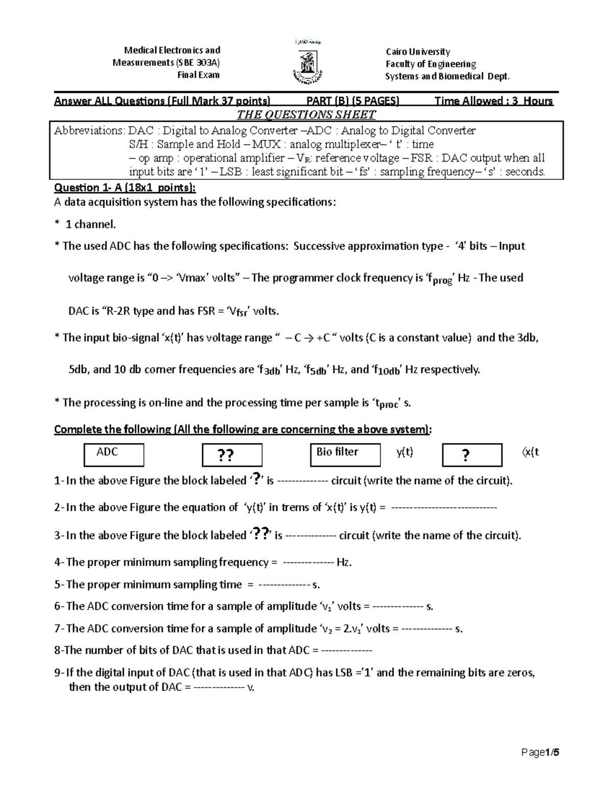 Final Exam 1st 2016 - ASSAASAASSA - Answer ALL Questions (Full Mark 37 ...