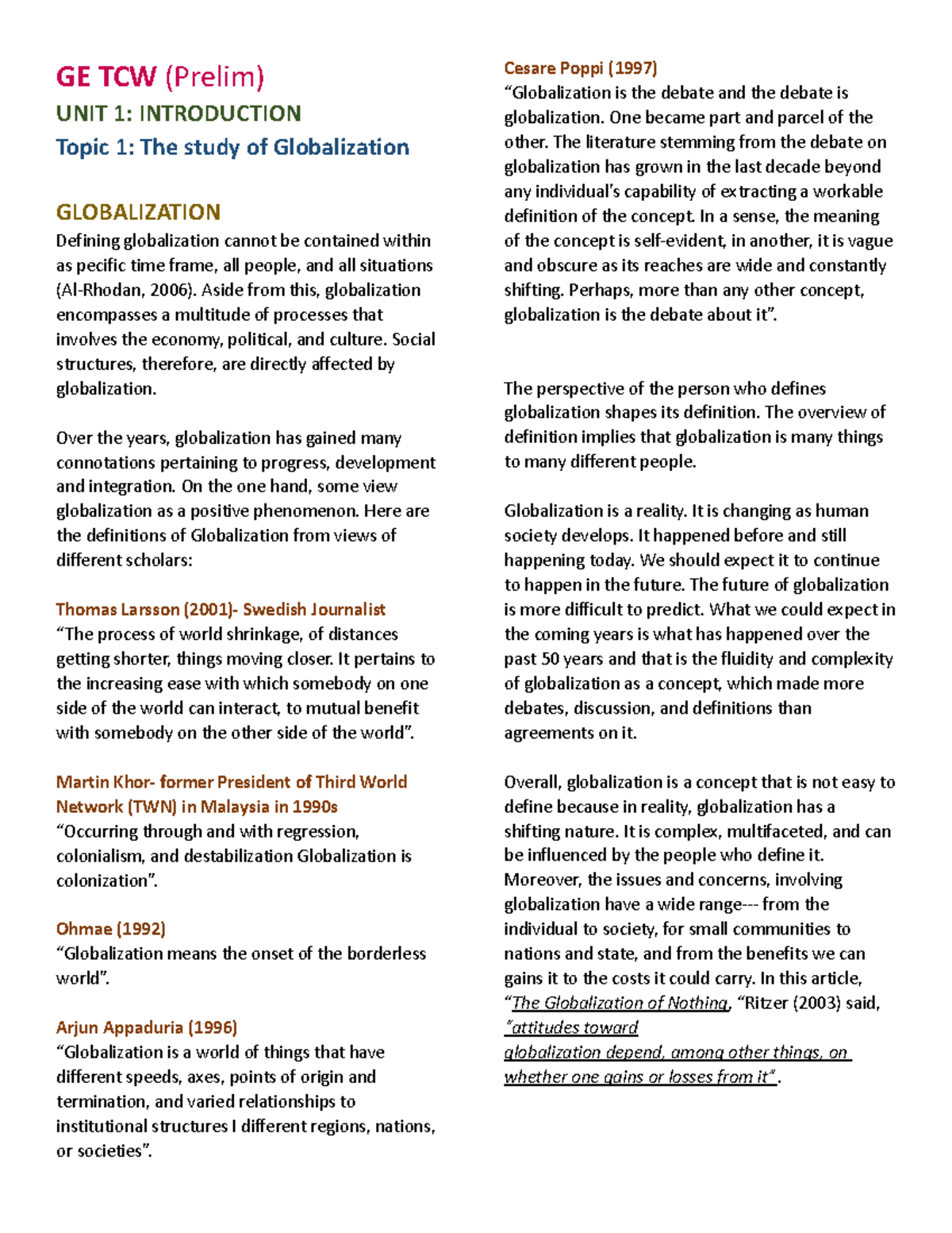 GE TCWprelims - how many - GE TCW (Prelim) UNIT 1: INTRODUCTION Topic 1 ...
