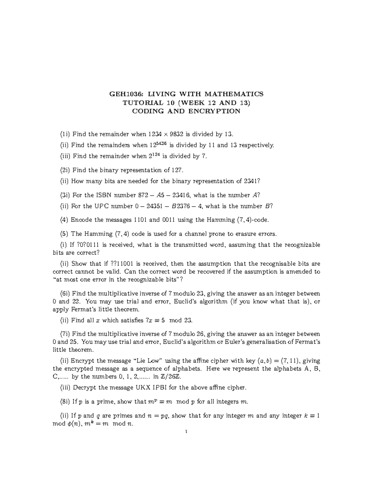 T10 - Tutorial set 10 - GEH1036: LIVING WITH MATHEMATICS TUTORIAL 10 ...