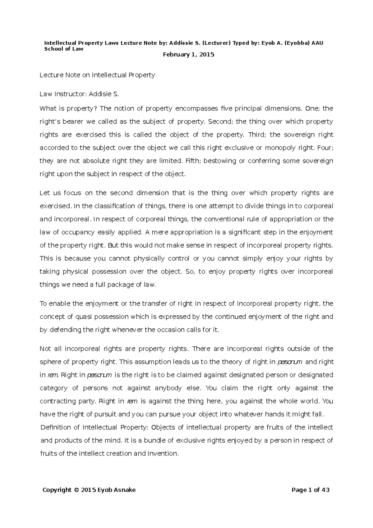 Intellectual Property Laws Lecture Note by - February 1, 2015 Lecture ...