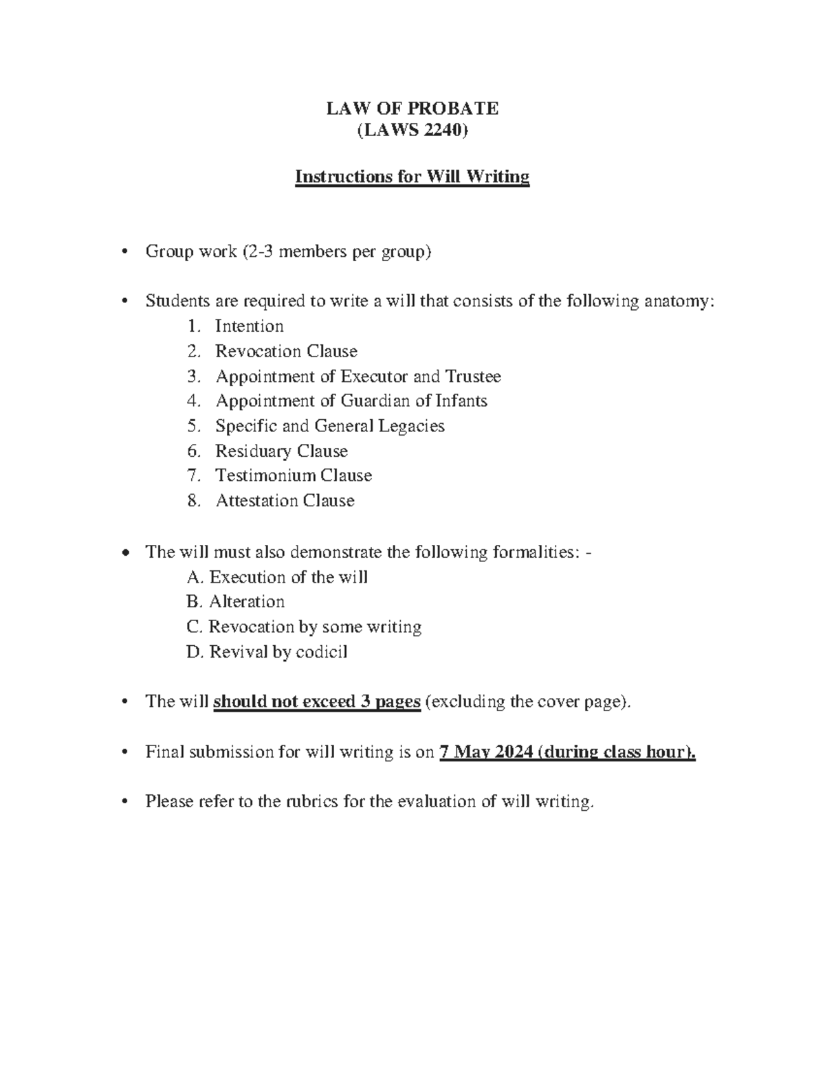 Instruction for Will Writing.docx Sem 2 2023-2024 - LAW OF PROBATE (LAWS 2240) Instructions for ...
