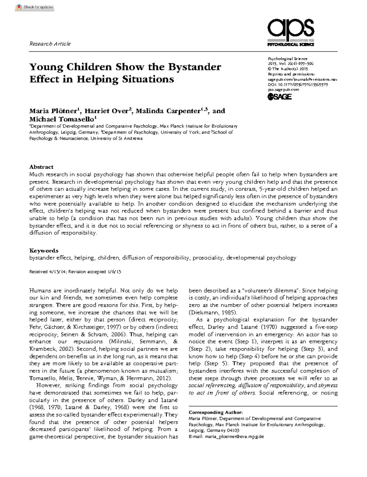 Plotner et al 2015 young children show the bystander effect in helping ...