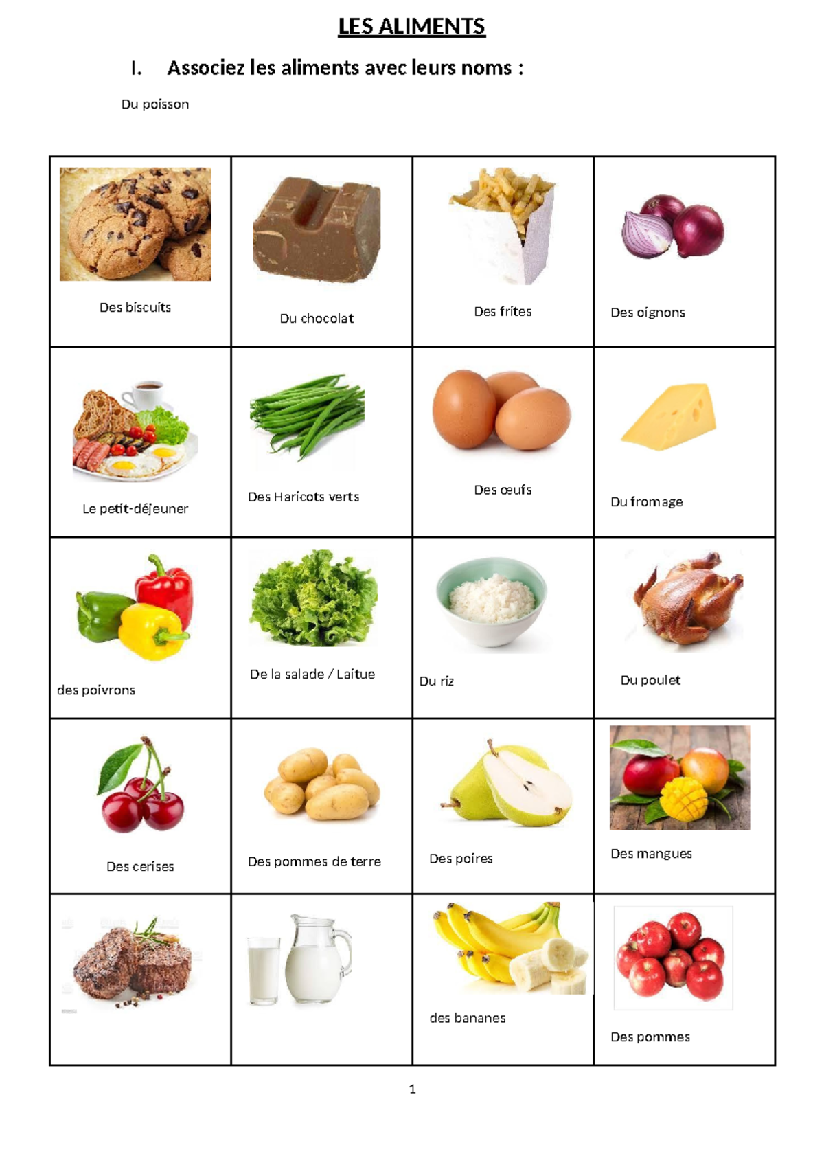 Associez les aliments avec leurs noms - LES ALIMENTS I. Associez les ...