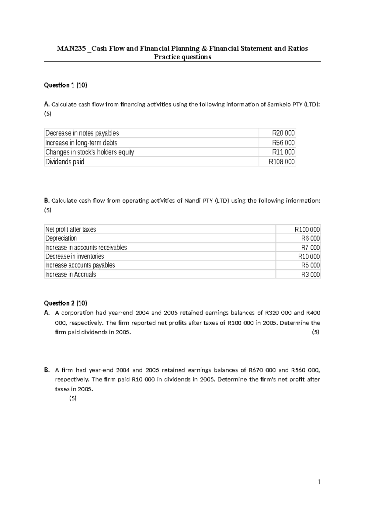 Exam Practise Questions - MAN235 _Cash Flow and Financial Planning ...