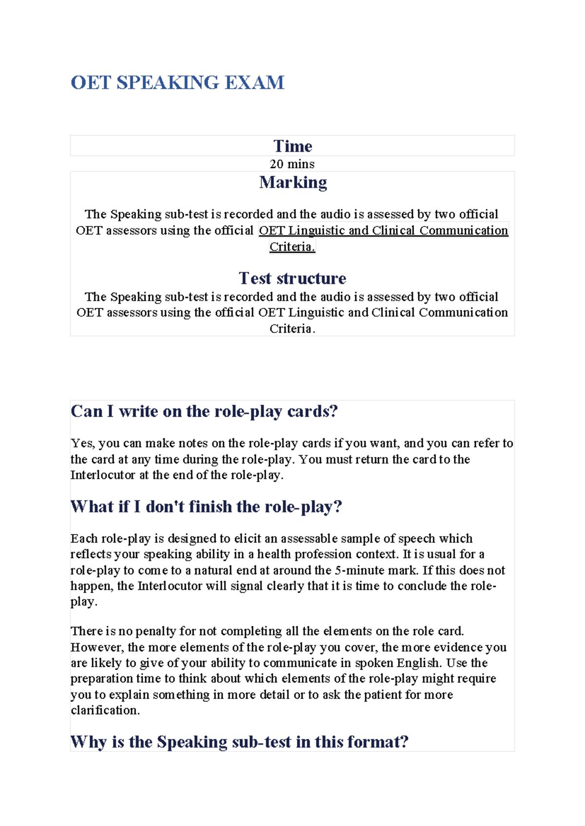 OET Speaking EXAM Instruction - OET SPEAKING EXAM Time 20 mins Marking ...