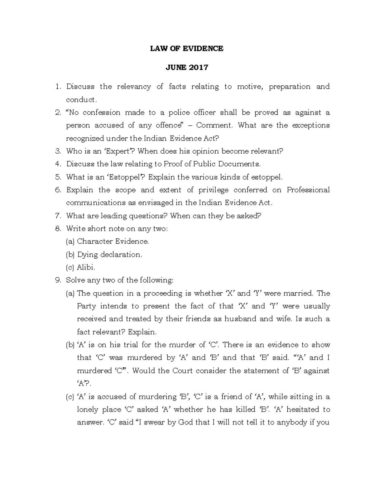 2017 j-evidence - Questions - LAW OF EVIDENCE JUNE 2017 Discuss the ...