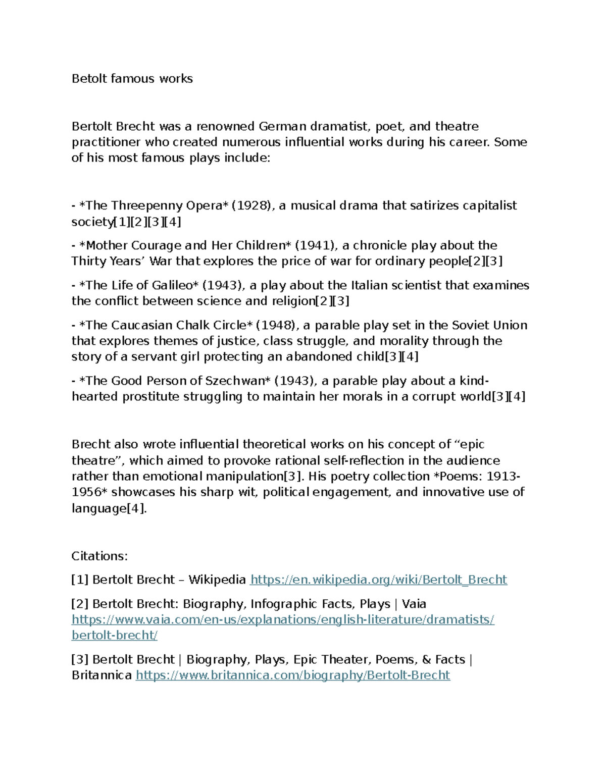 Document - Bertolt works - Betolt famous works Bertolt Brecht was a ...