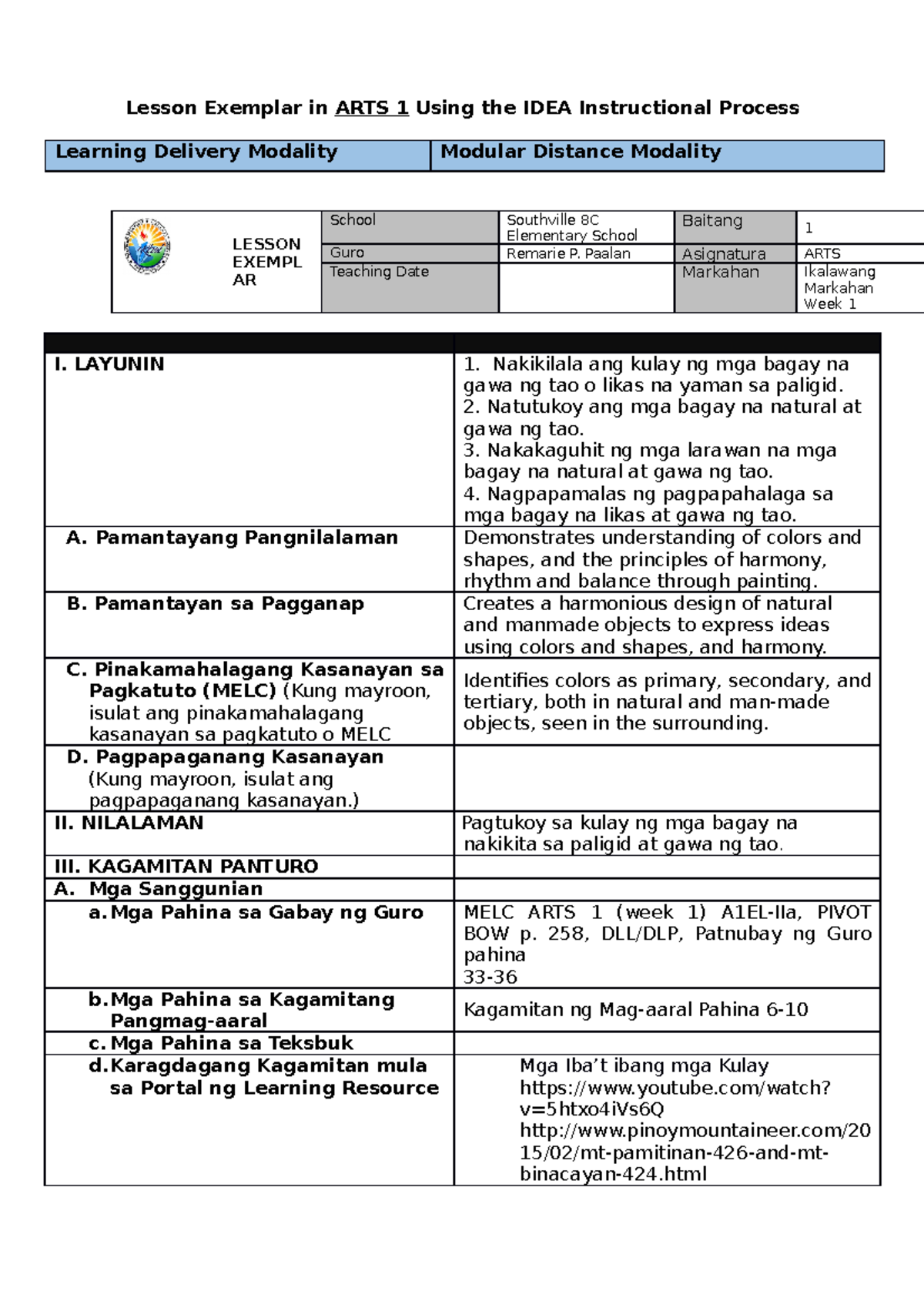 Lesson- Exemplar-ARTS 1-Q2-WEEK 1 - COT1.docx · version 1 - Lesson ...