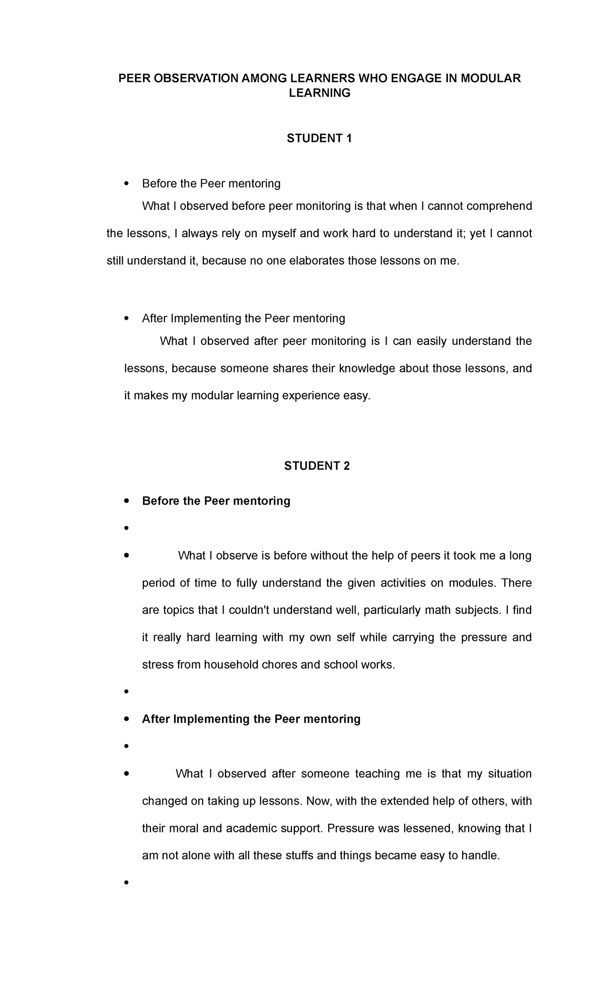 1PEER Observation Among Learners WHO Engage IN Modular Learning - PEER ...