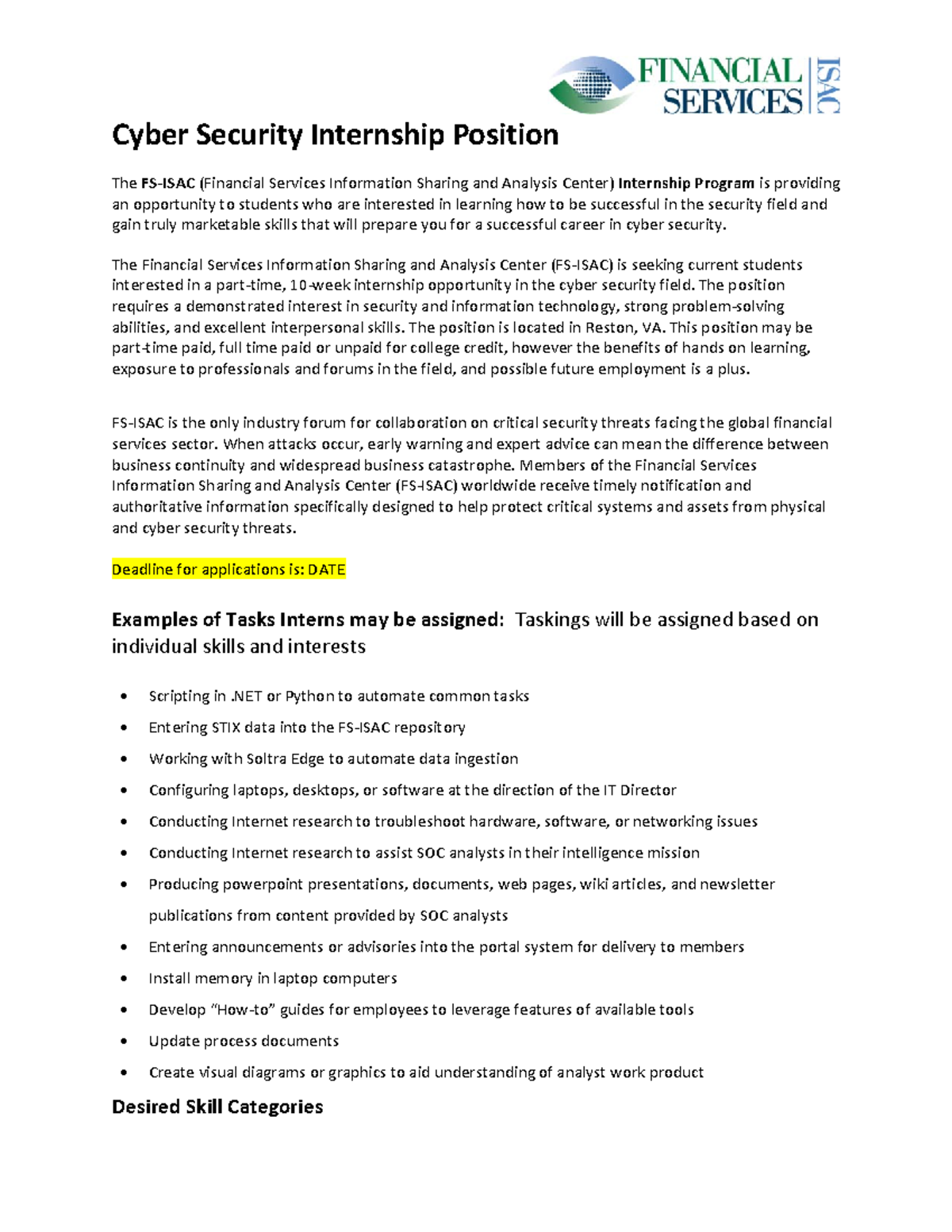 FS- Isacinternship - Cyber Security Internship Position The FS‐ISAC ...