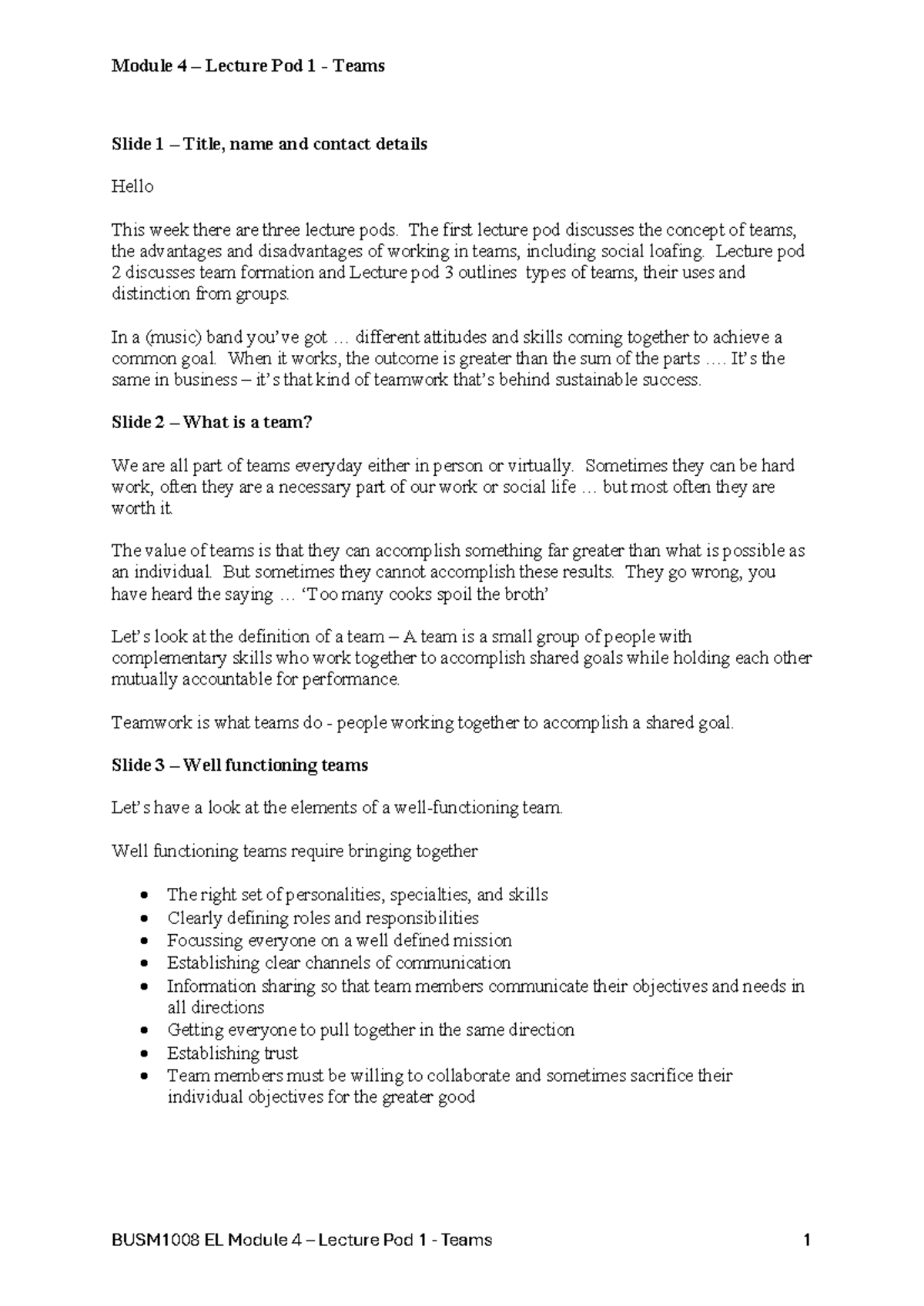 Notes - Lecture pod 1 Teams Module 4 Autumn 2024 - Module 4 – Lecture ...