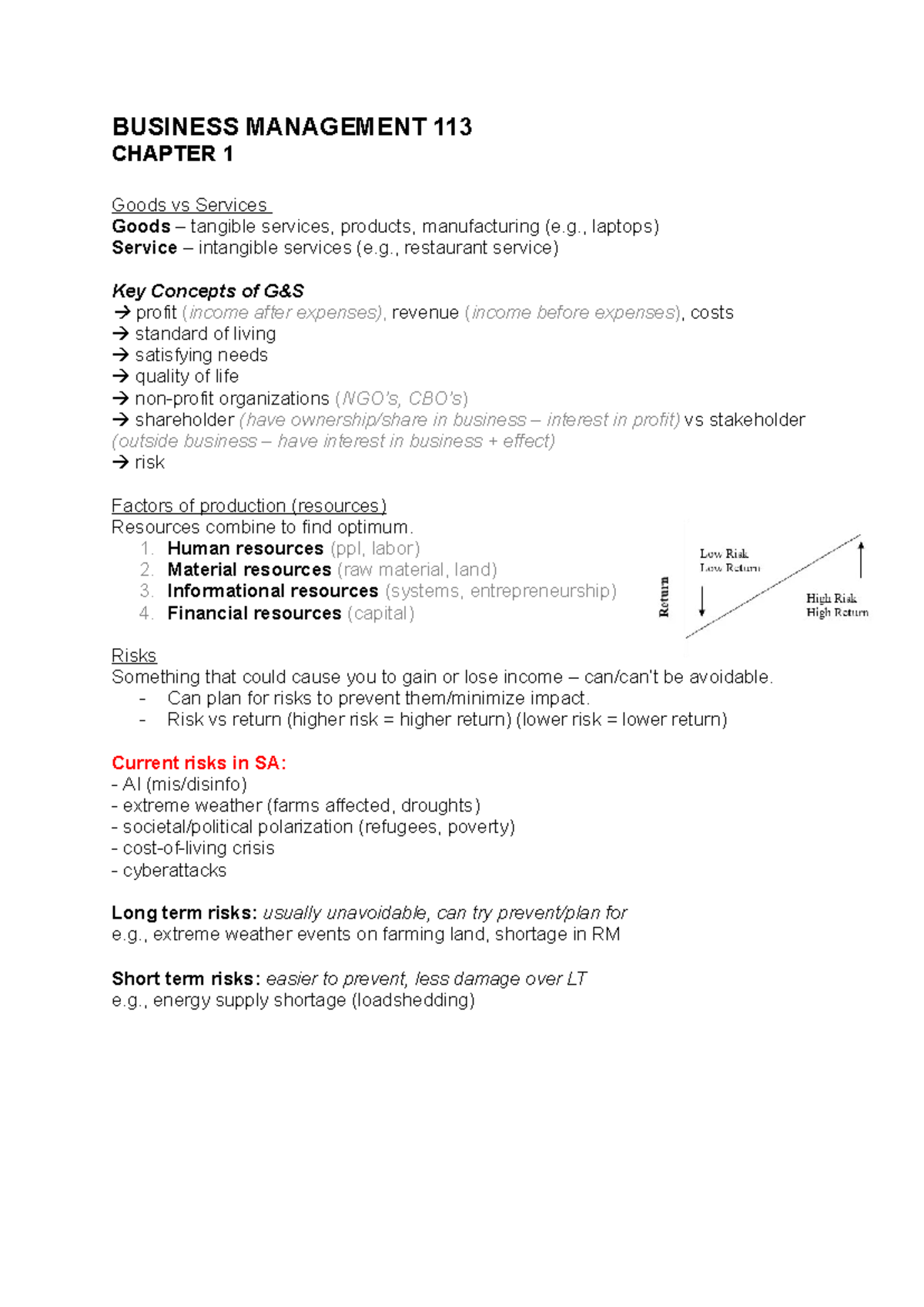 Business Management 113 - BUSINESS MANAGEMENT 113 CHAPTER 1 Goods vs ...