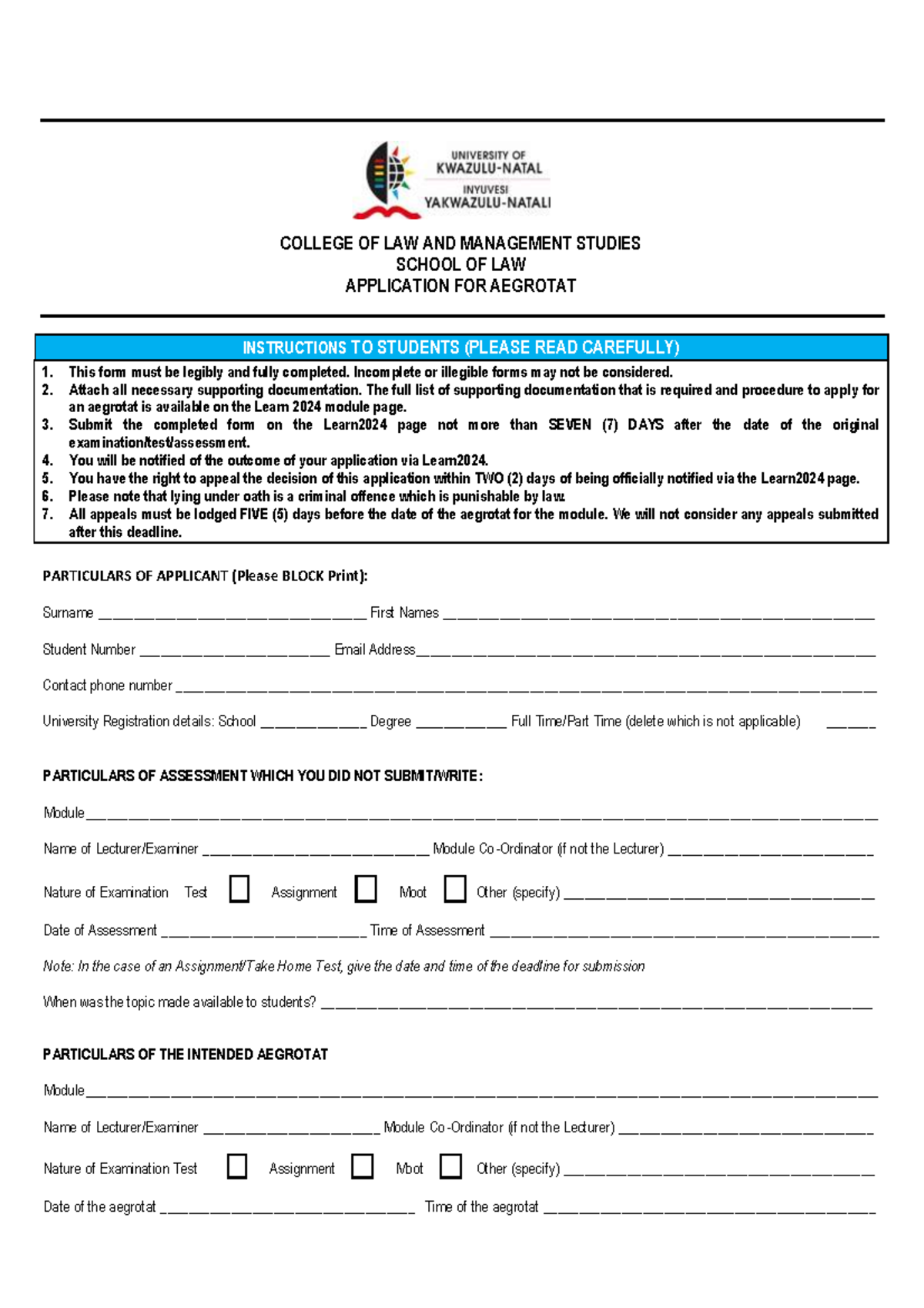 Aegrotat Application Form Revised 2024 - COLLEGE OF LAW AND MANAGEMENT STUDIES SCHOOL OF LAW ...