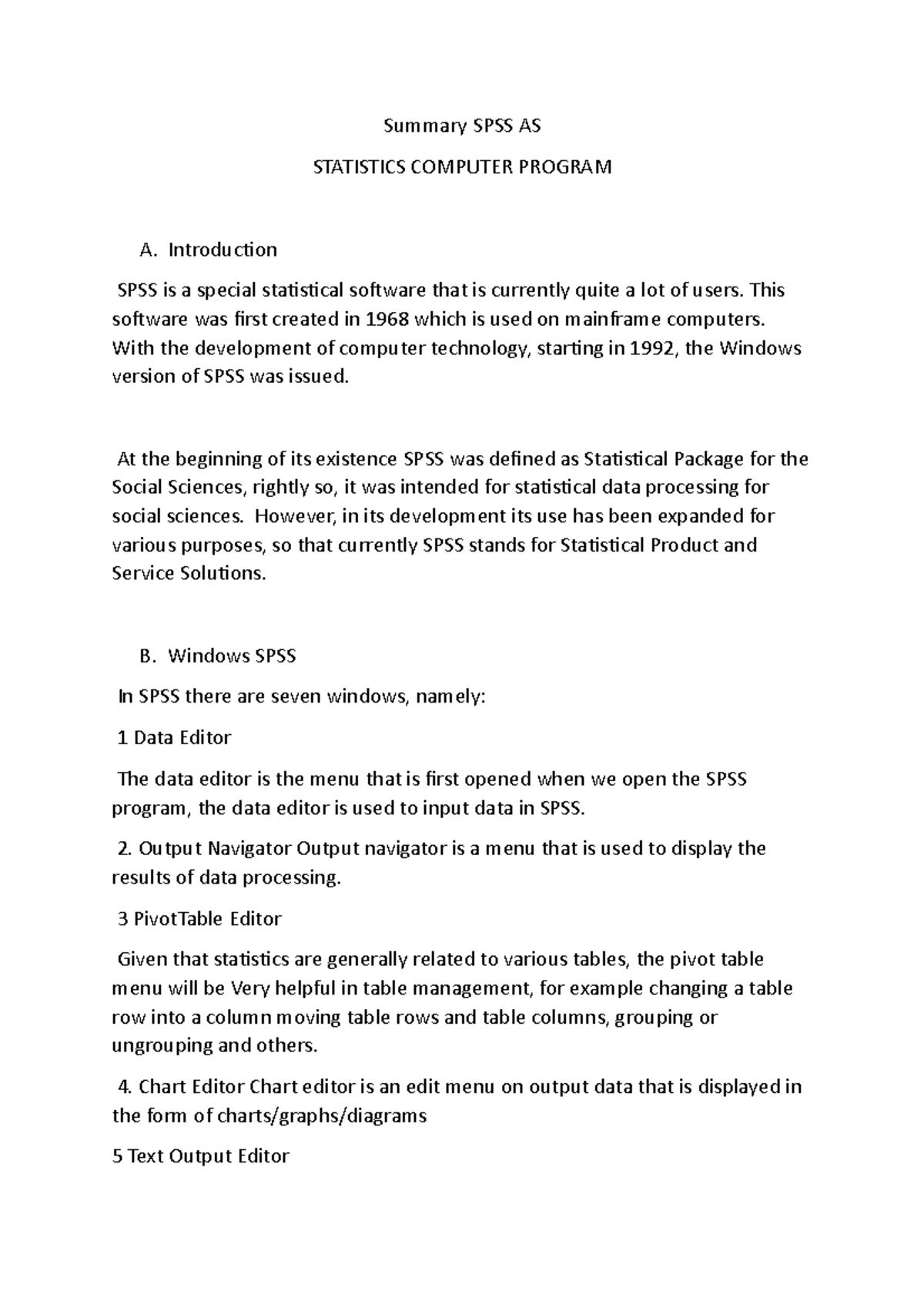 Summary SPSS AS Statistics Computer Program - Summary SPSS AS ...