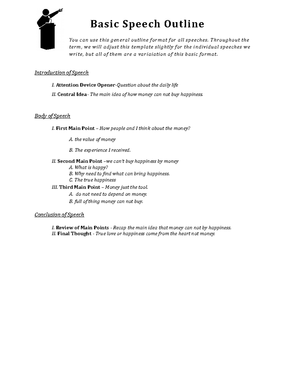 Speech Outlin (2)-1 - Basic Speech Outline You can use this general ...