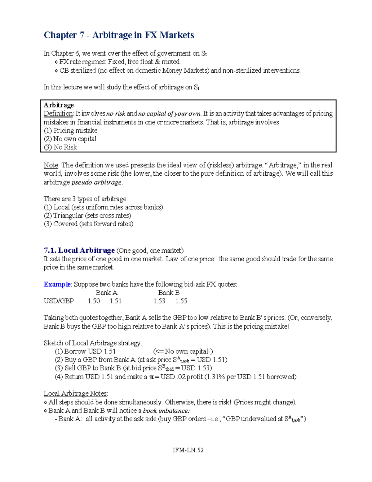 Arbitrage in FX Markets - IFM-LN. 52 Chapter 7 - Arbitrage in FX Markets In Chapter 6, we went ...