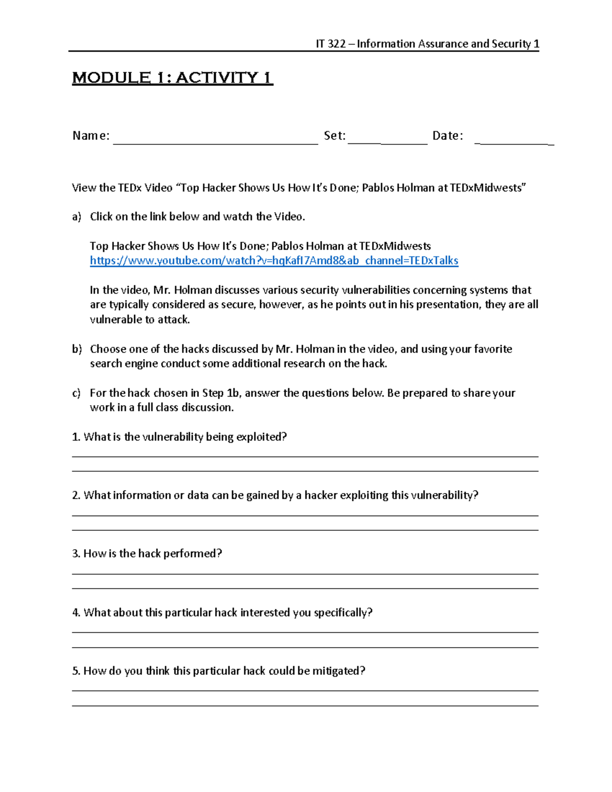 Module 1-Activity 1 - Lecture notes 1 - IT 322 – Information Assurance ...