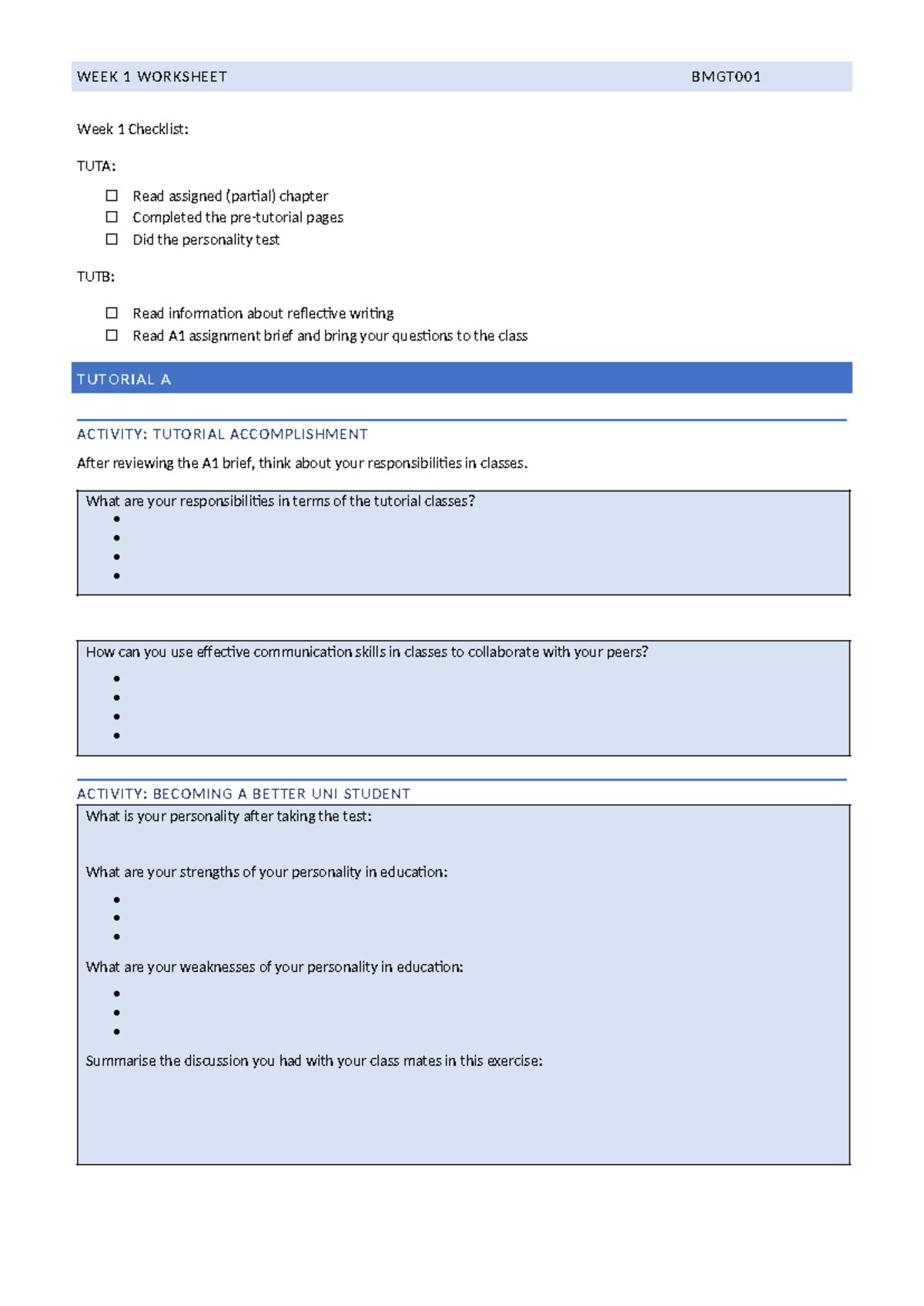 Week 1 Worksheet - WEEK 1 WORKSHEET BMGT Week 1 Checklist: TUTA: Read ...