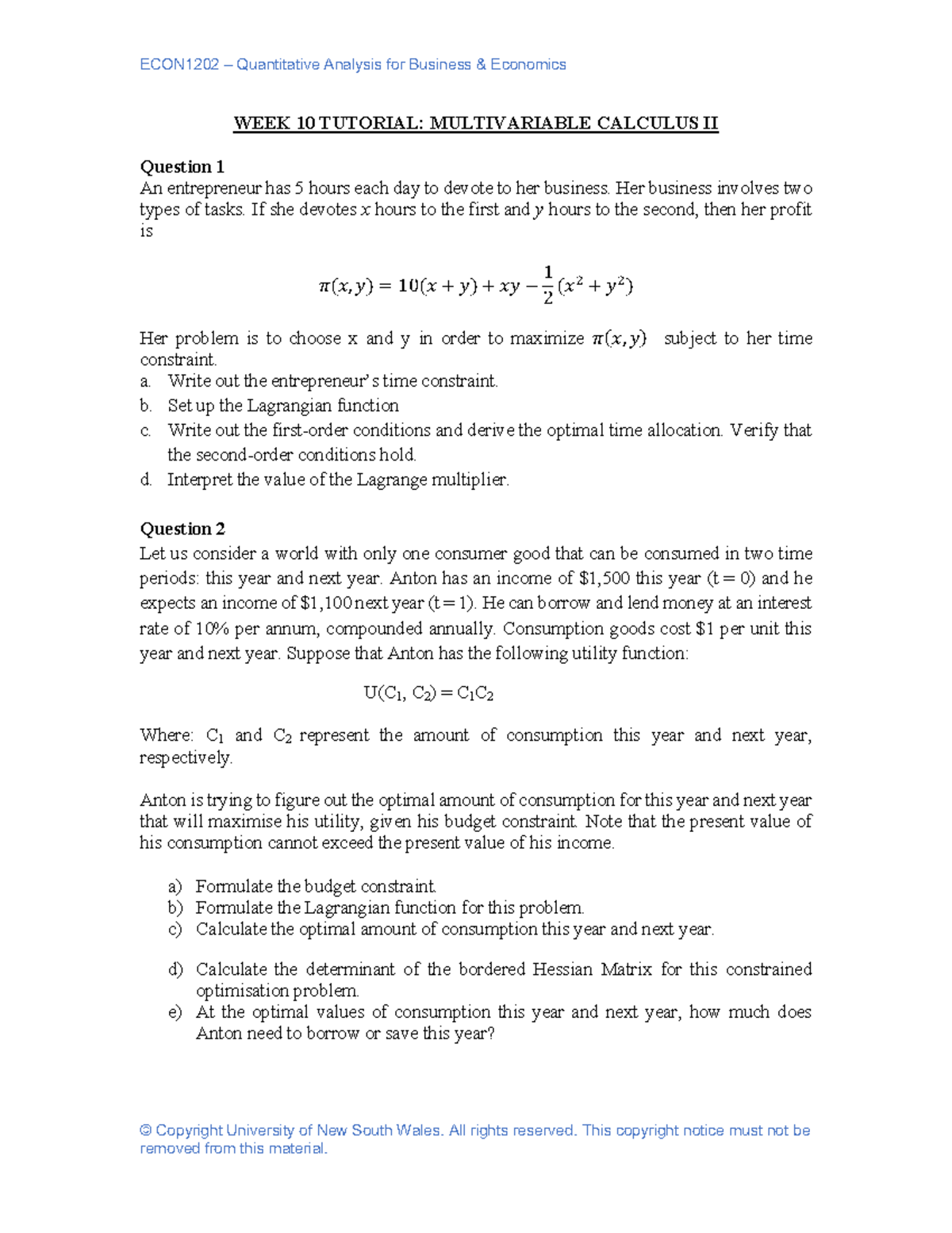 Week 10 Tutorial Questions - ECON1202 – Quantitative Analysis for Business & Economics © - Studocu
