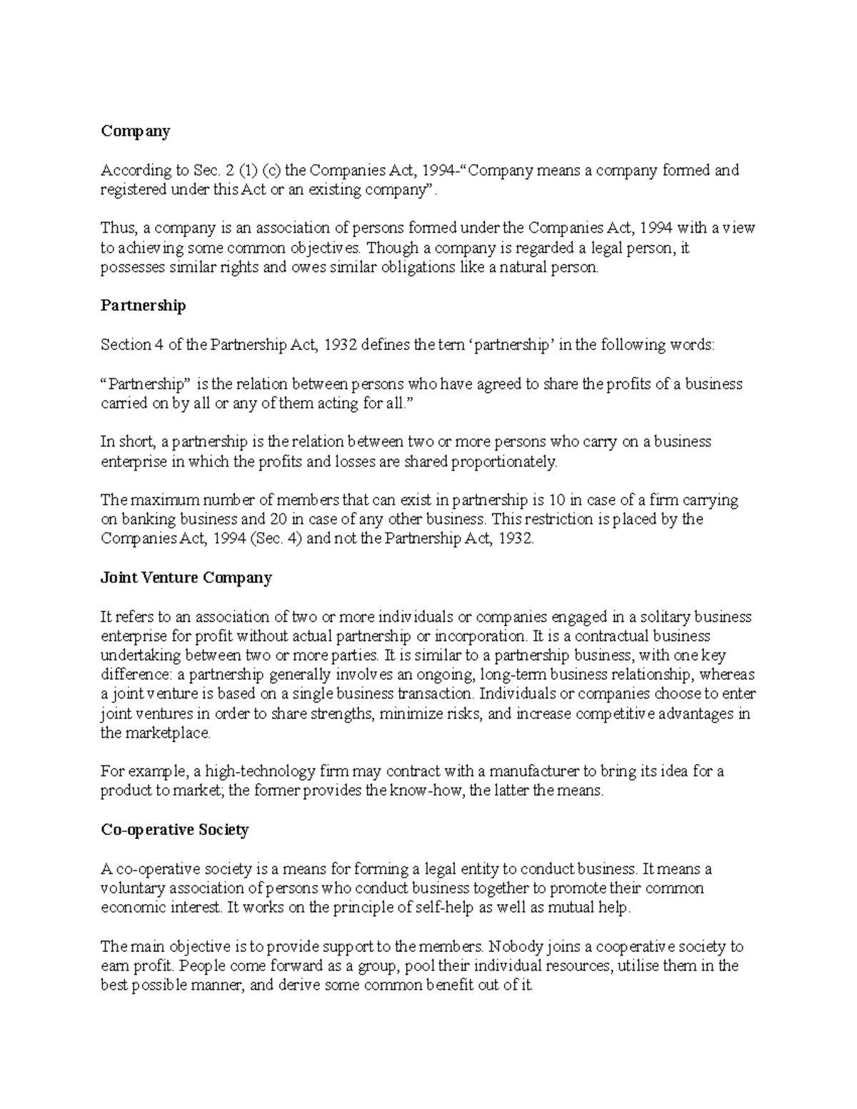 Short Notes - Company According to Sec. 2 (1) (c) the Companies Act ...
