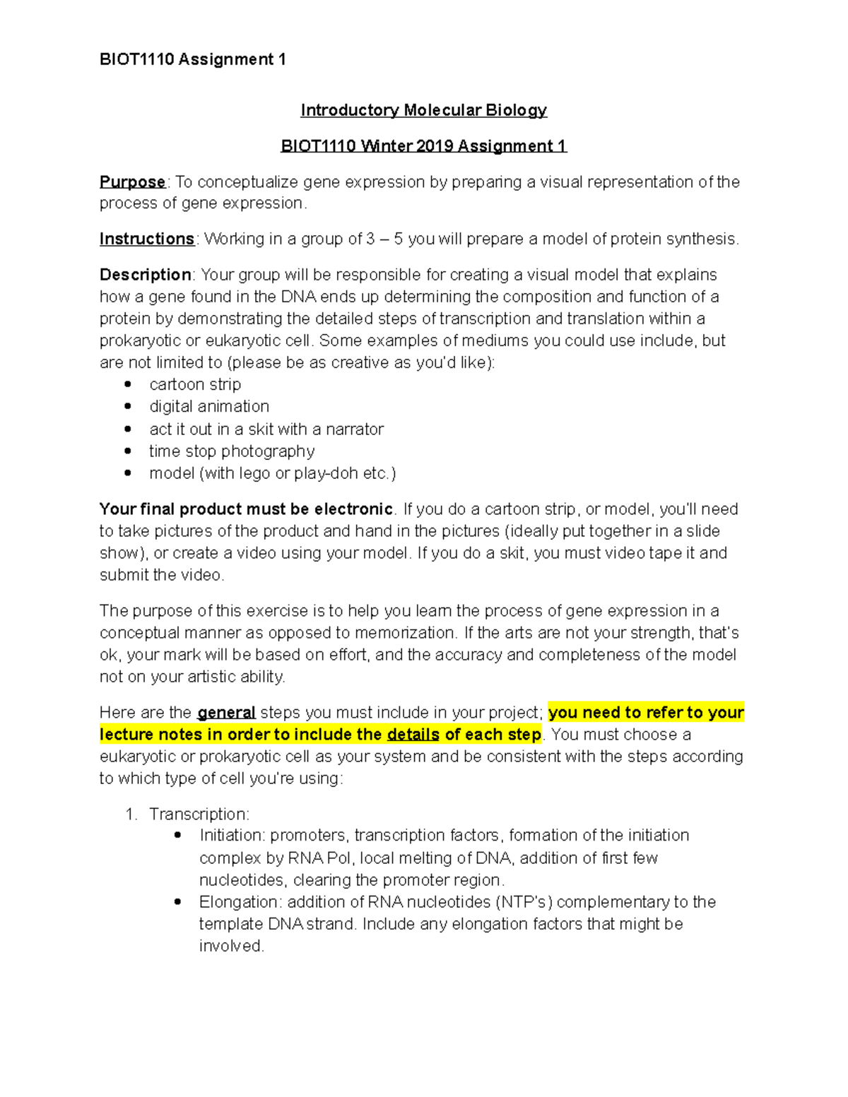 Assignment 1 (The Process of Gene Expression) - BIOT1110 Assignment 1 ...